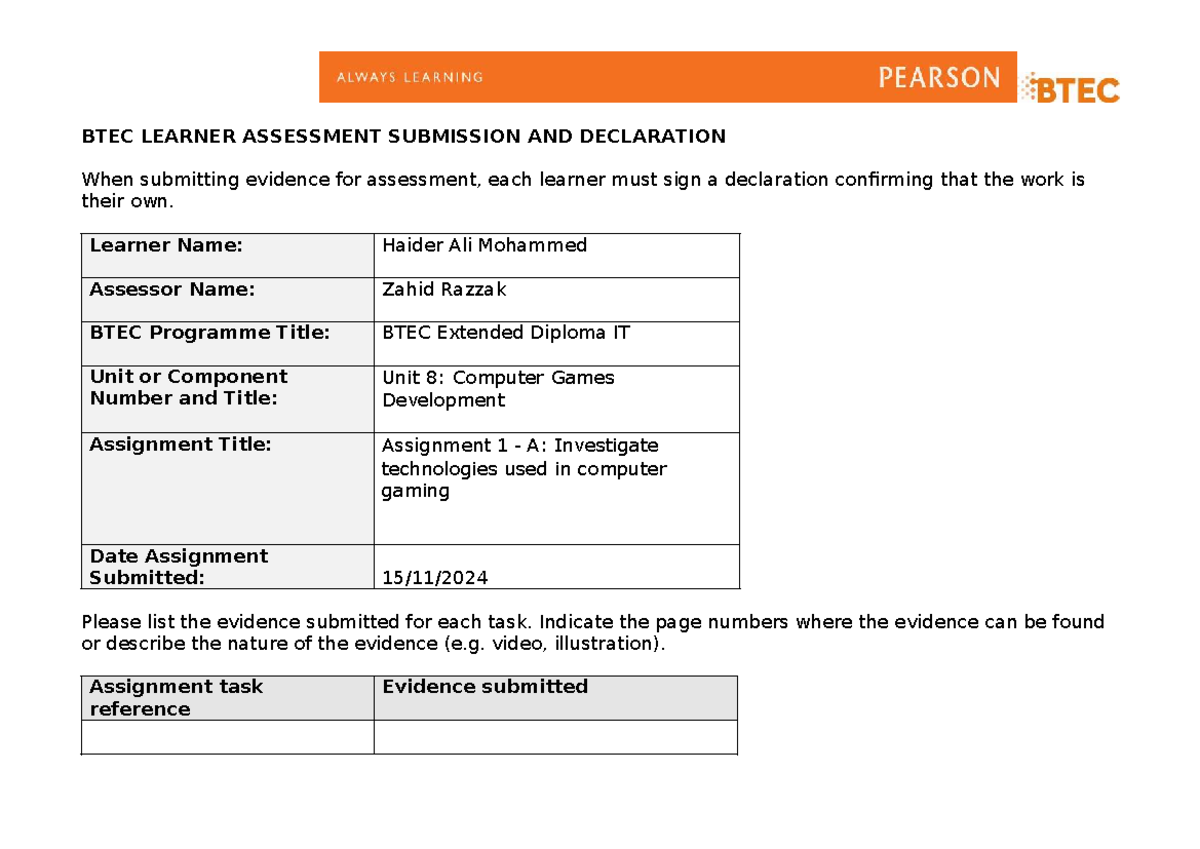 Unit 8 Assignment A: Investigating Technologies in Computer Games Development - Studocu