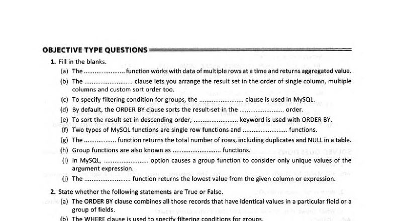 SQL OBJECTIVE TYPE QUESTIONS - 12 IP 2021 - Studocu