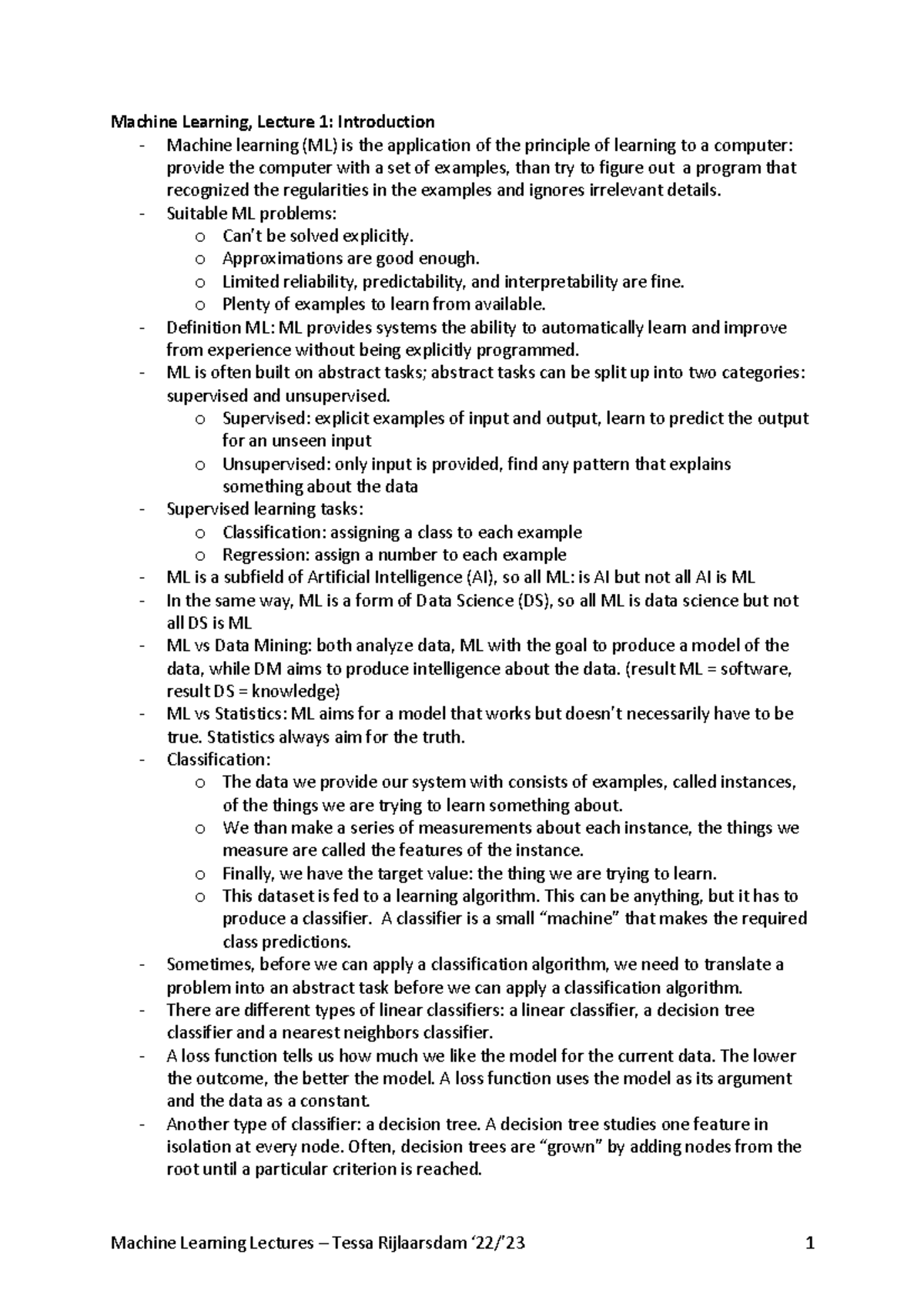 Machine Learning, Lecture Notes: Intro to ML Concepts and Classifiers ...