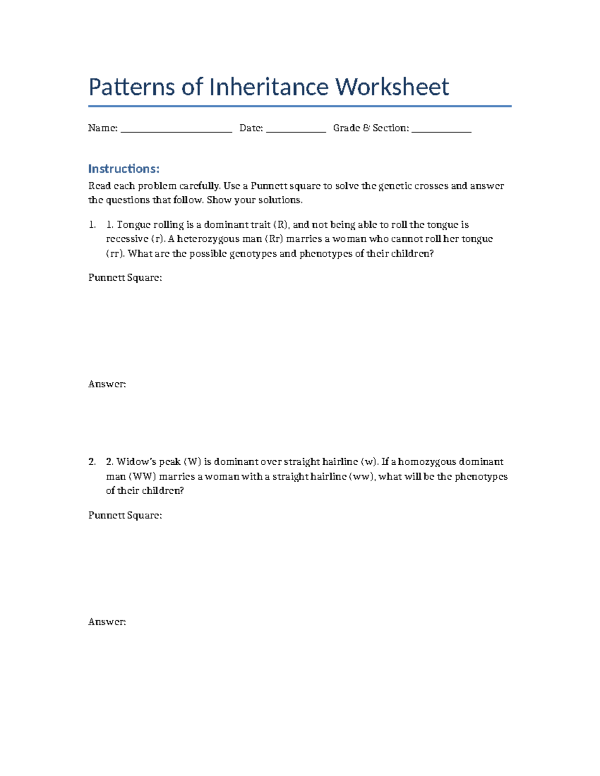 Patterns of Inheritance Punnett Square Worksheet (Genetics) - Studocu