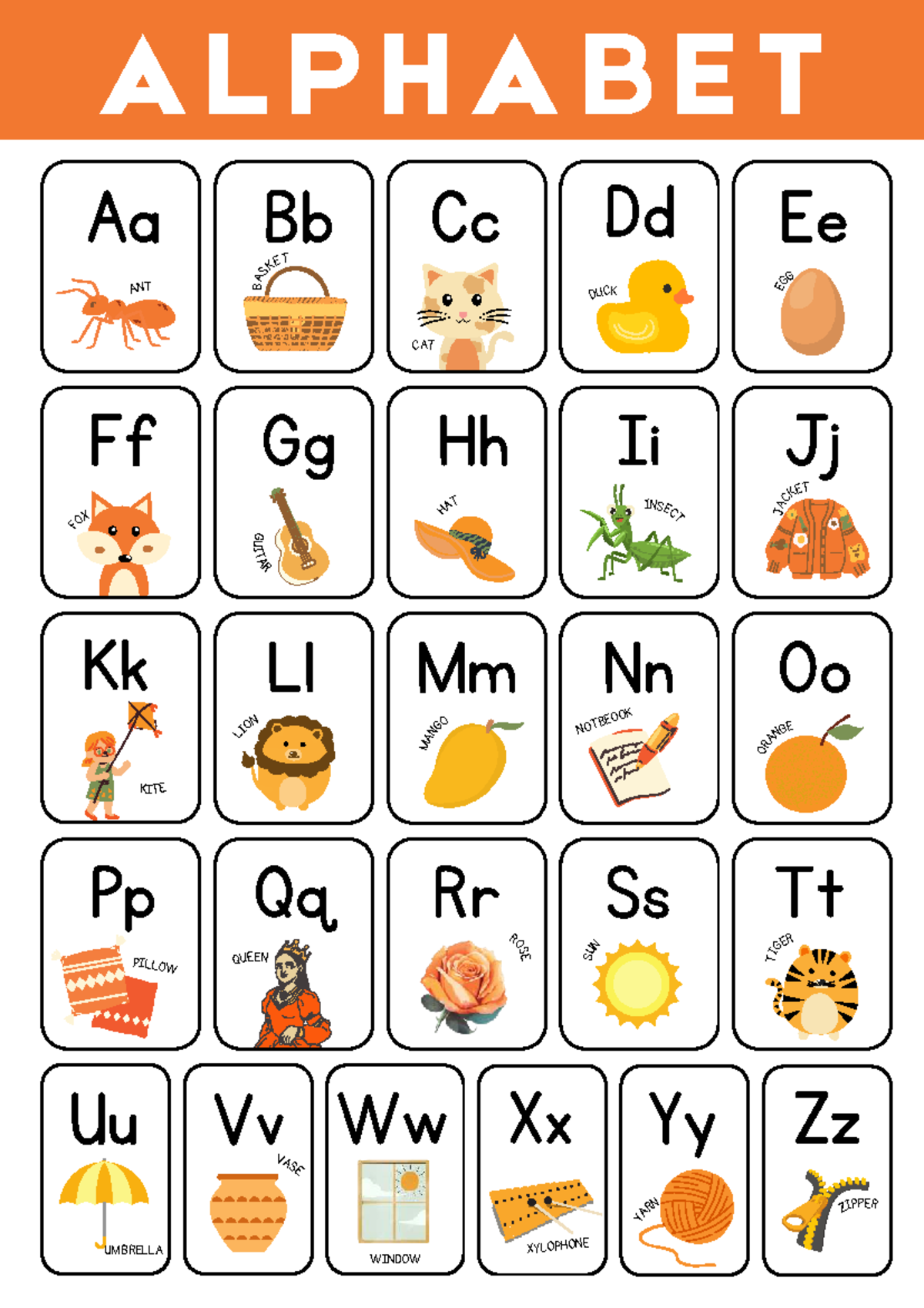 Alphabet Poster in Orange Green and Yellow Simple Cute Illustrative ...