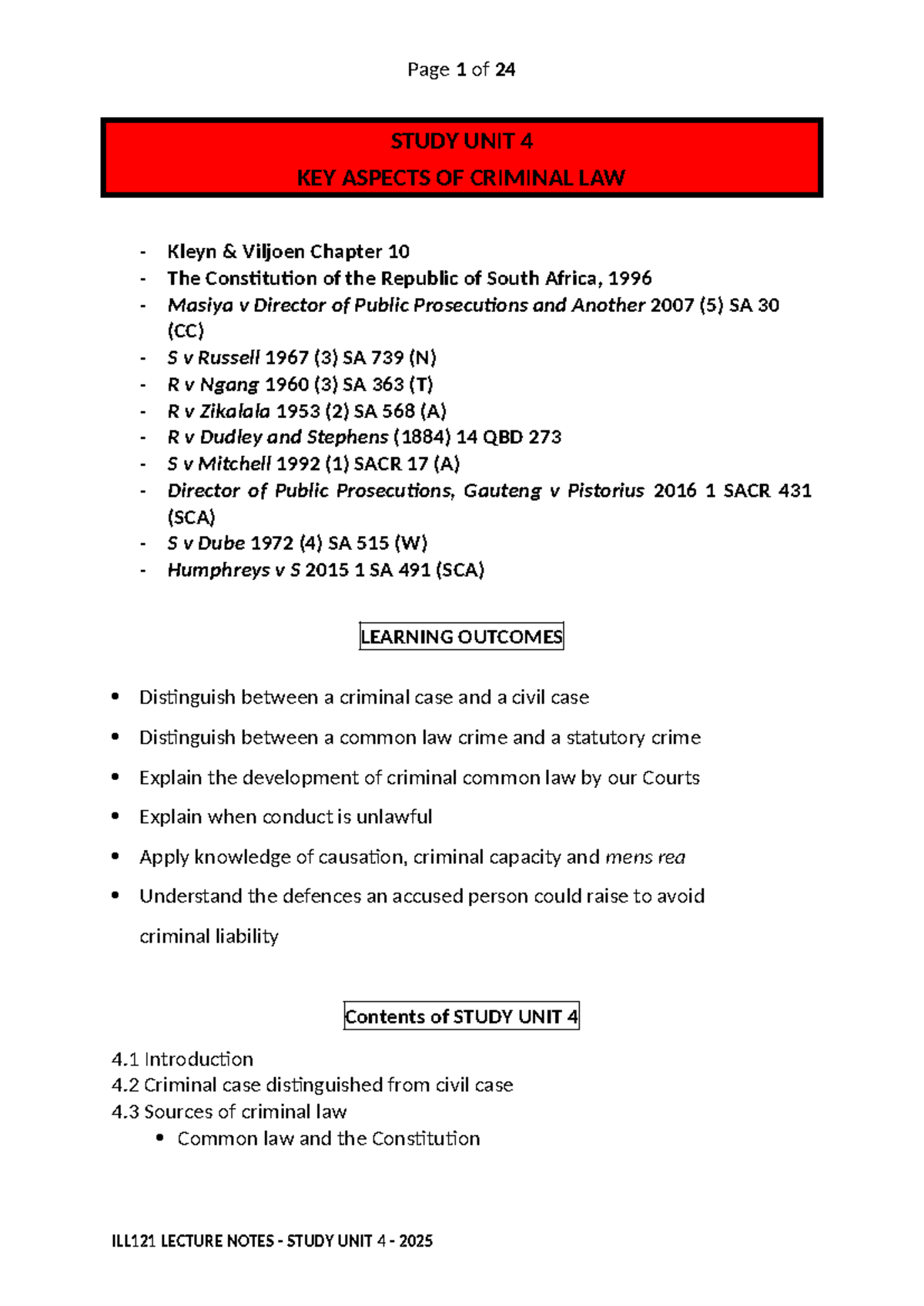 ILL121 Lecture Notes: Key Aspects of Criminal Law - Study Unit 4 - Studocu