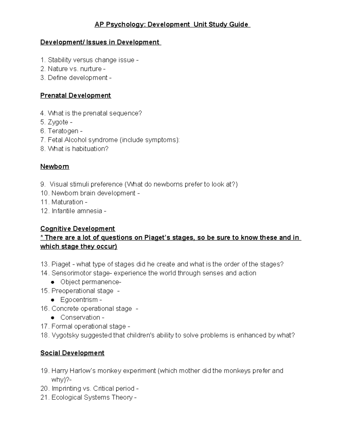 AP Psychology: Development Unit Study Guide (Final Exam Review) - Studocu