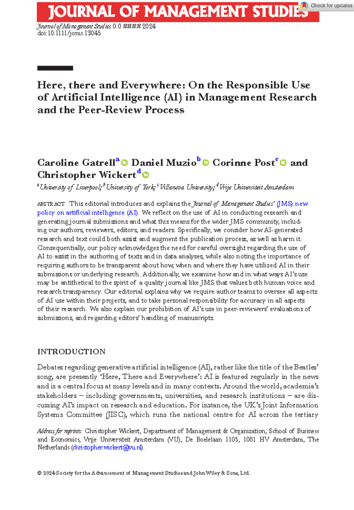 J Management Studies 2024 Editorial: AI's Responsible Use in Research ...