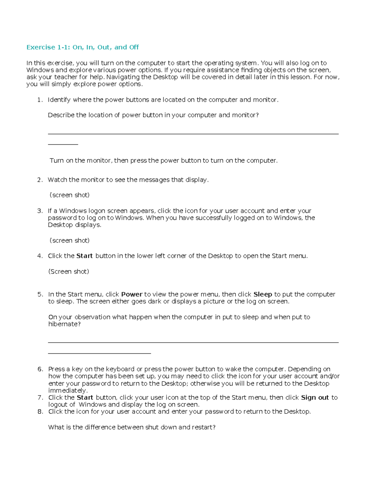 Lab Exercise - Lesson 1 - assignment - Exercise 1-1: On, In, Out, and ...