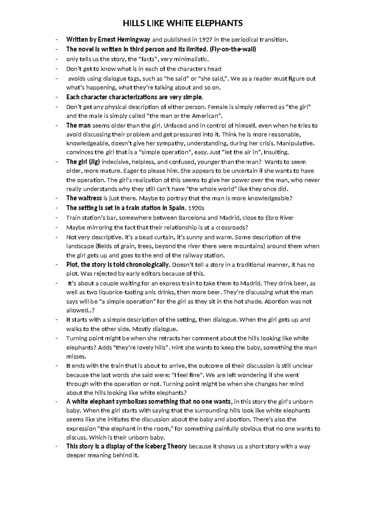 Hills Like White Elephants Analysis Notes - Literature Study Guide ...