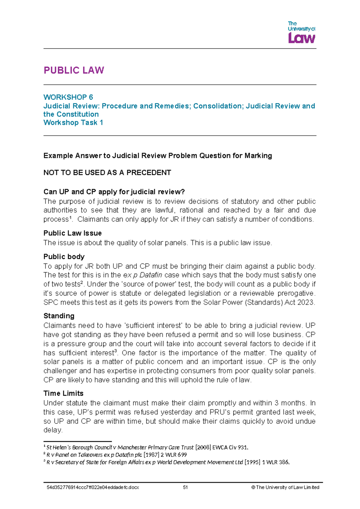 PUBLIC LAW WORKSHOP 6: Judicial Review Procedure & Example Answer - Studocu