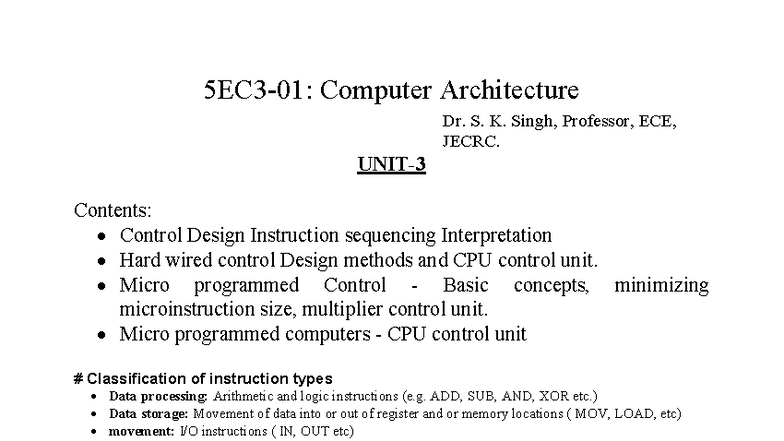 CA Unit 3 - Control Unit Design in Computer Architecture - Studocu