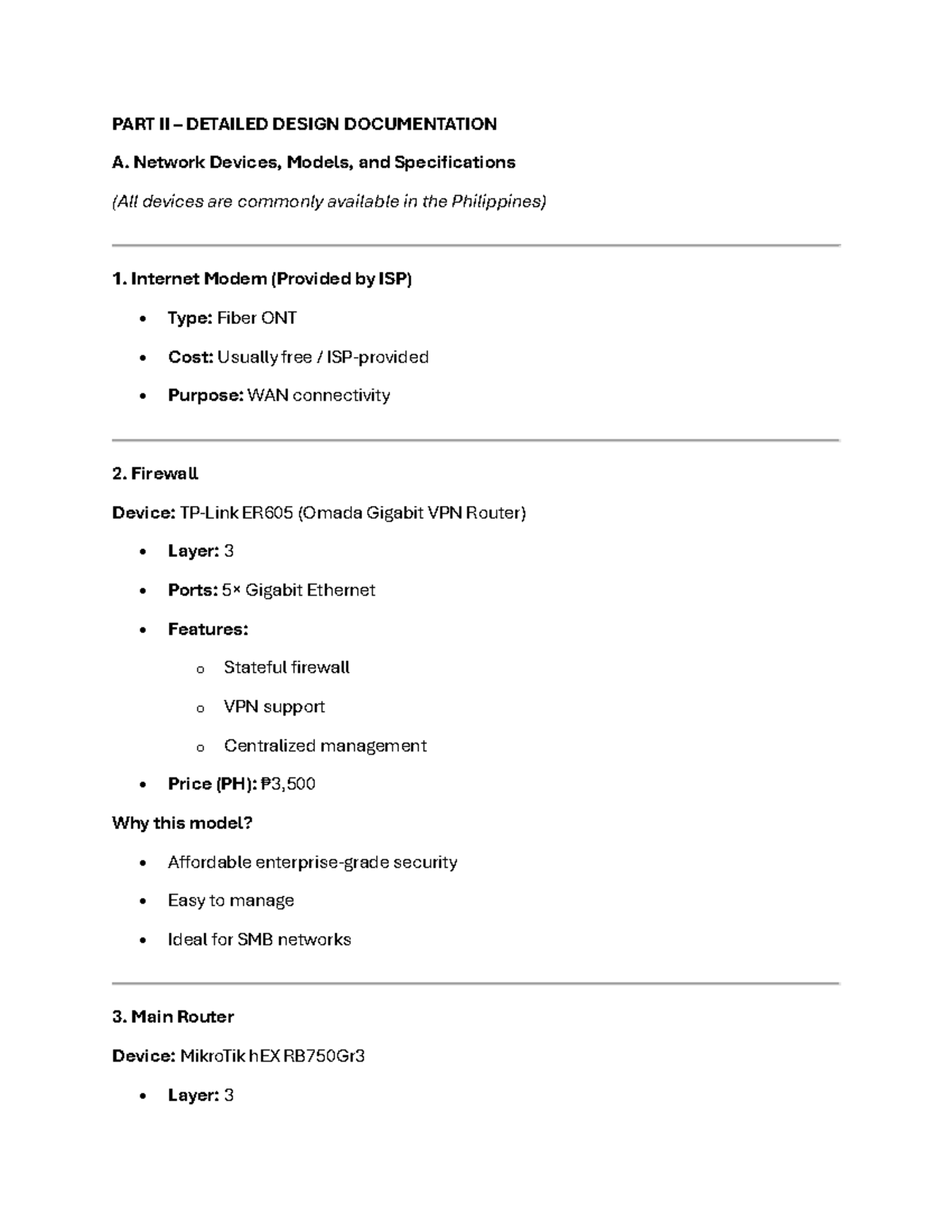 Network Design Documentation: Devices & Specifications (PH) - Studocu