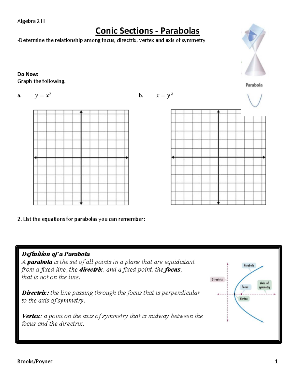 Algebra 2 H Conic Sections: Understanding Parabolas and Their ...