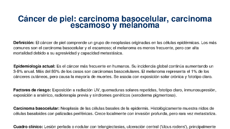 Cáncer de Piel: Carcinomas Basocelular, Escamoso y Melanoma - Studocu