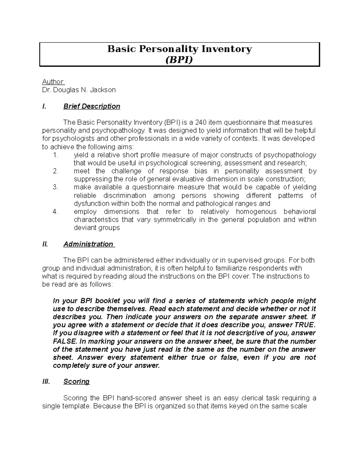 78408679 Basic Personality Inventory (BPI) Overview and Scoring Guide ...