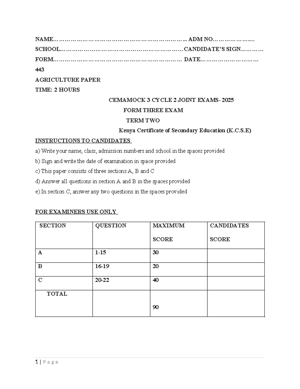 ADM 443 Agriculture Paper: CEMAMOCK 3 Cycle 2 Exam 2025 - Studocu