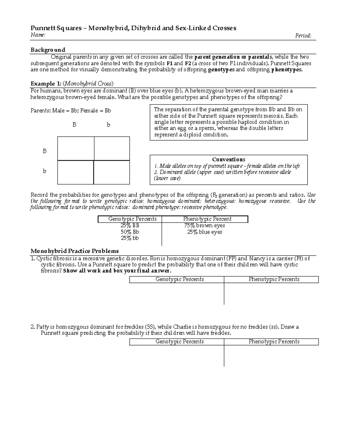 Punnett Squares: Monohybrid & Dihybrid Crosses Worksheet (Advanced ...