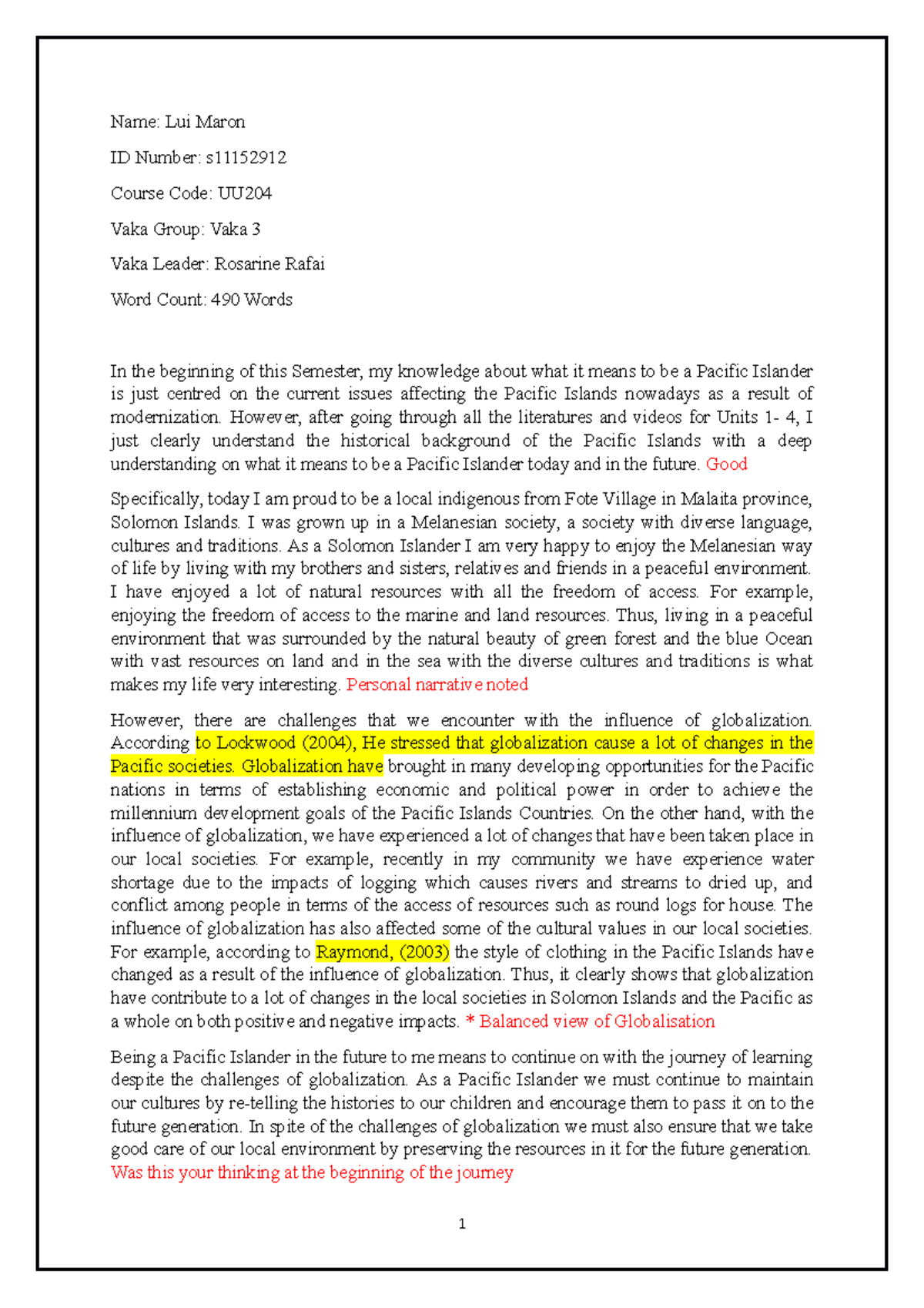 Lui - assessments - Name: Lui Maron ID Number: s Course Code: UU Vaka ...