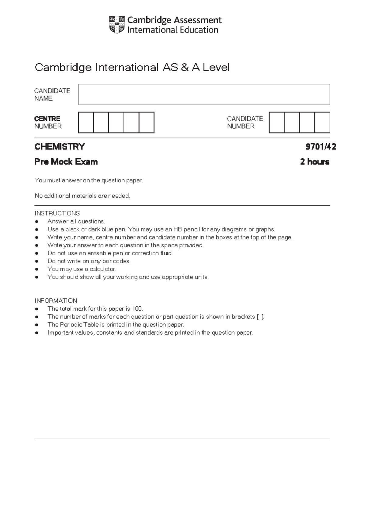 G12 A Level Chemistry Pre Mock Exam - Comprehensive Guide - Studocu ...