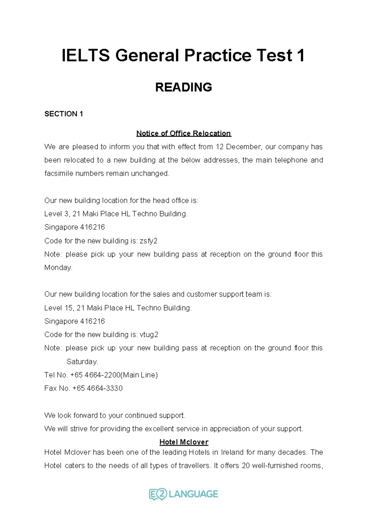 IELTS General Practice Test 1: Reading Section on Office Relocation ...