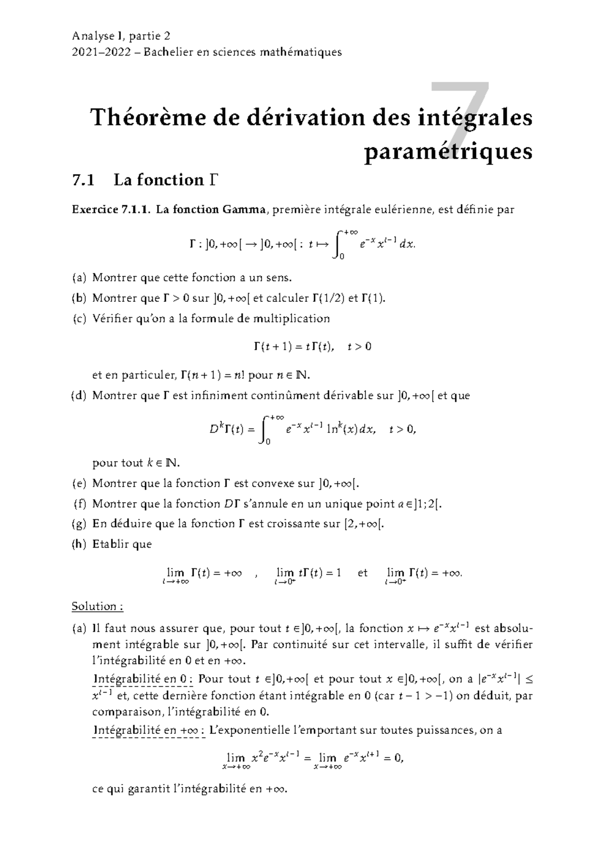 Intégrales paramétriques - solutionnaire - 7 Théorème de dérivation des ...
