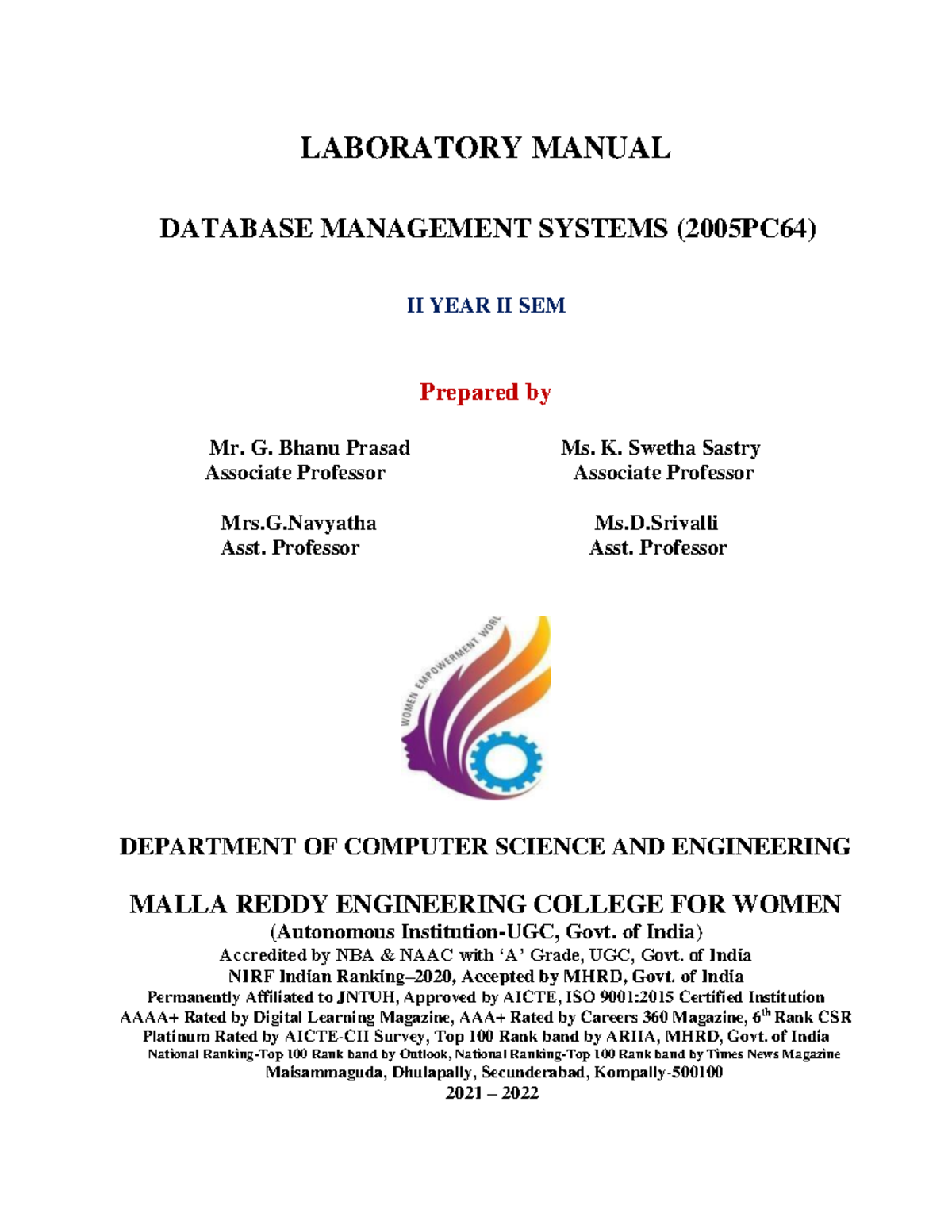 DBMS Lab Manual CSE 24 06 22 - LABORATORY MANUAL DATABASE MANAGEMENT SYSTEMS (2005PC64) II YEAR ...