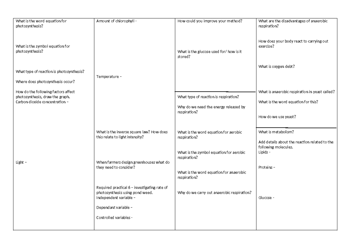 B4 Revision Mat: Photosynthesis & Respiration Concepts and Equations ...