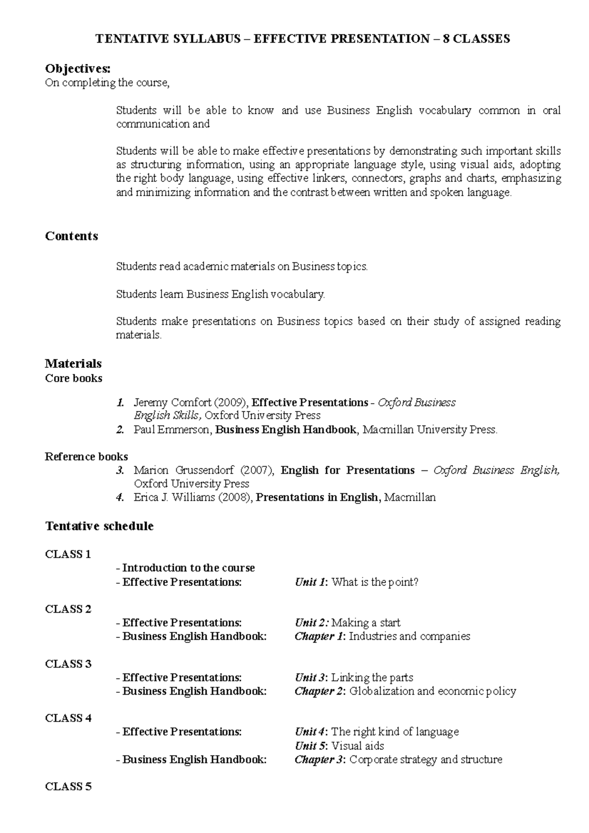 Tentative Syllabus for Effective Presentation (8 Classes) - Studocu