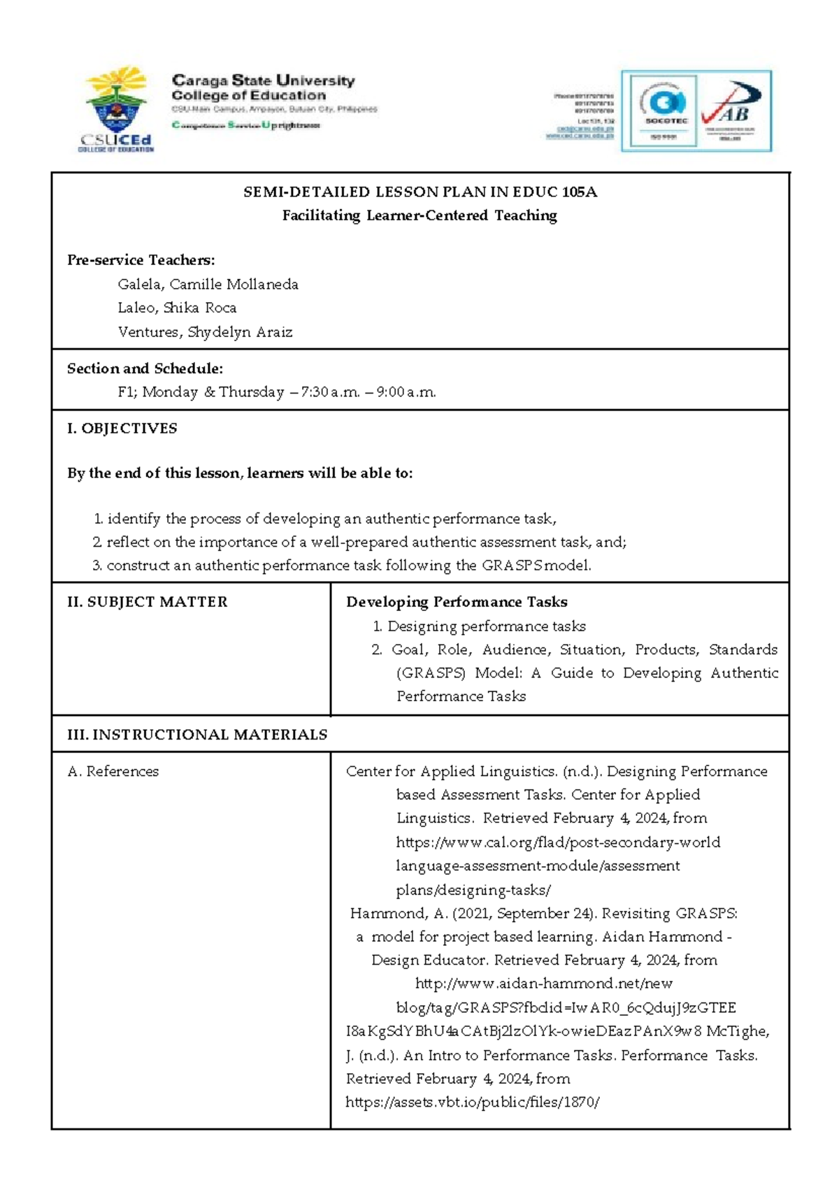 EDUC 105AF1 Group 4 Semi-Detailed Lesson Plan on Performance Tasks ...