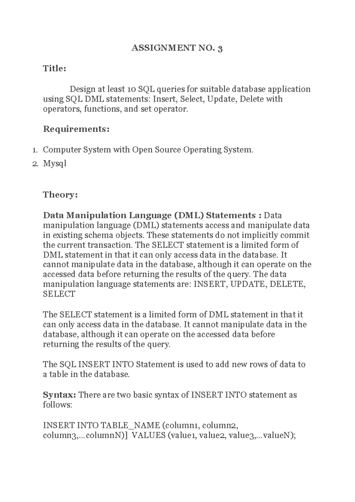 Exp No2B DML Queries: SQL Insert, Select, Update, Delete Examples - Studocu