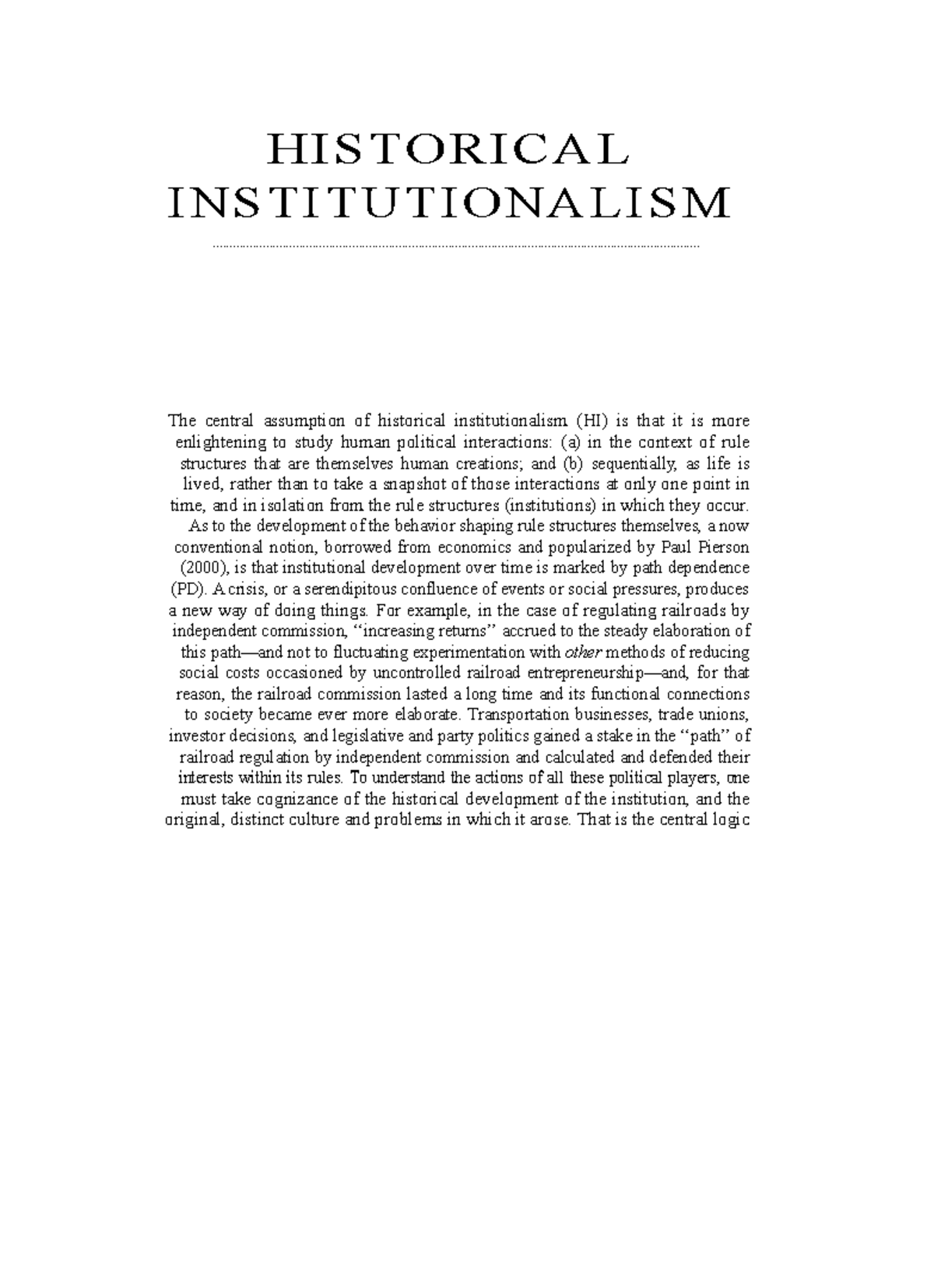 Historical Institutionalism - HISTORICAL INSTITUTIONALISM - Studocu