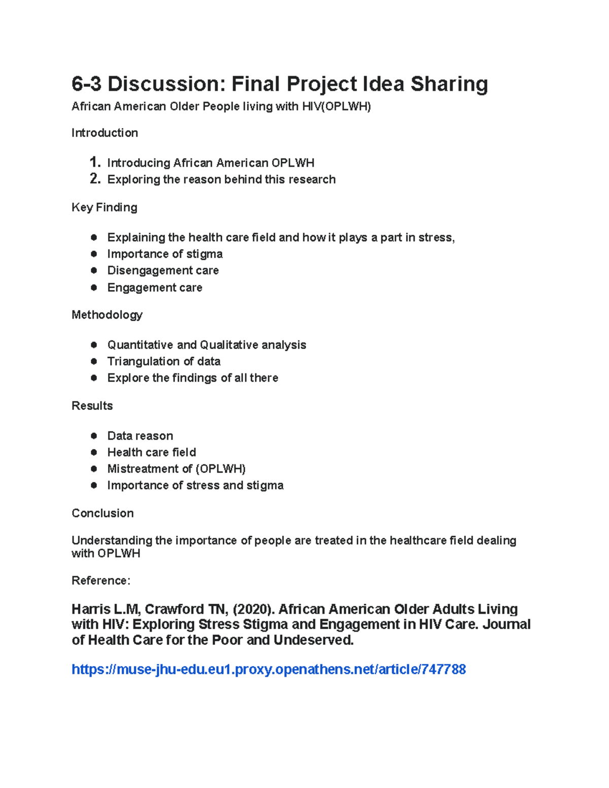 Discussion Board: Final Project Ideas on African American OPLWH - Studocu