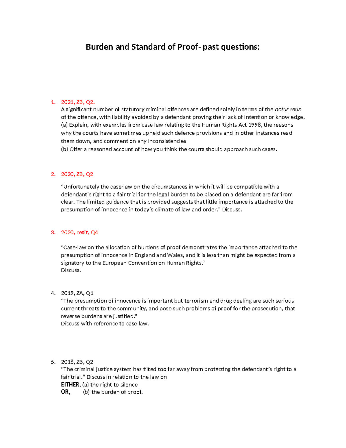 Burden and Standard of Proof: Analyzing Past Essay Questions - Studocu