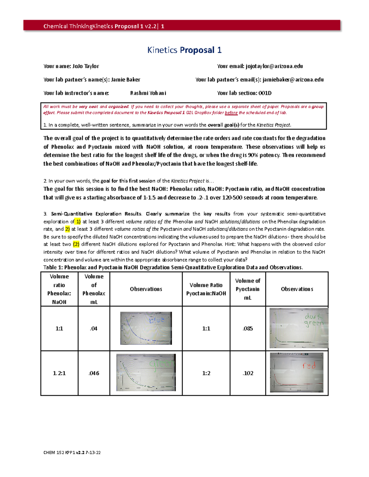 Kinetics Proposal 1 - CHEM 152 Lab Assignment Overview - Studocu