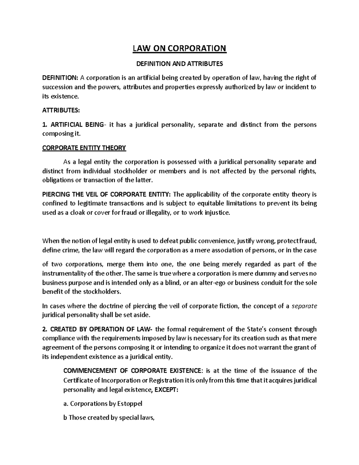 Law on Corporations Summary Part 1 - LAW ON CORPORATION DEFINITION AND ...