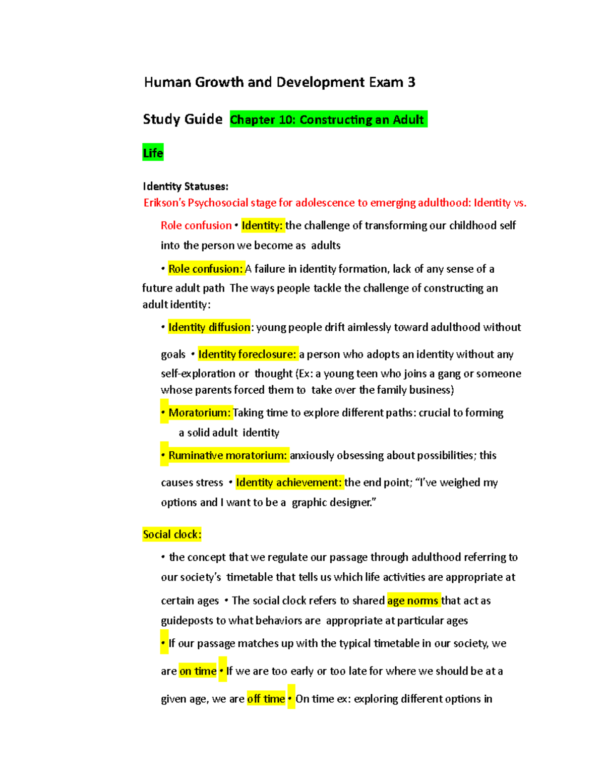 Human Growth and Development Exam 3 Study Guide: Adult Identity ...