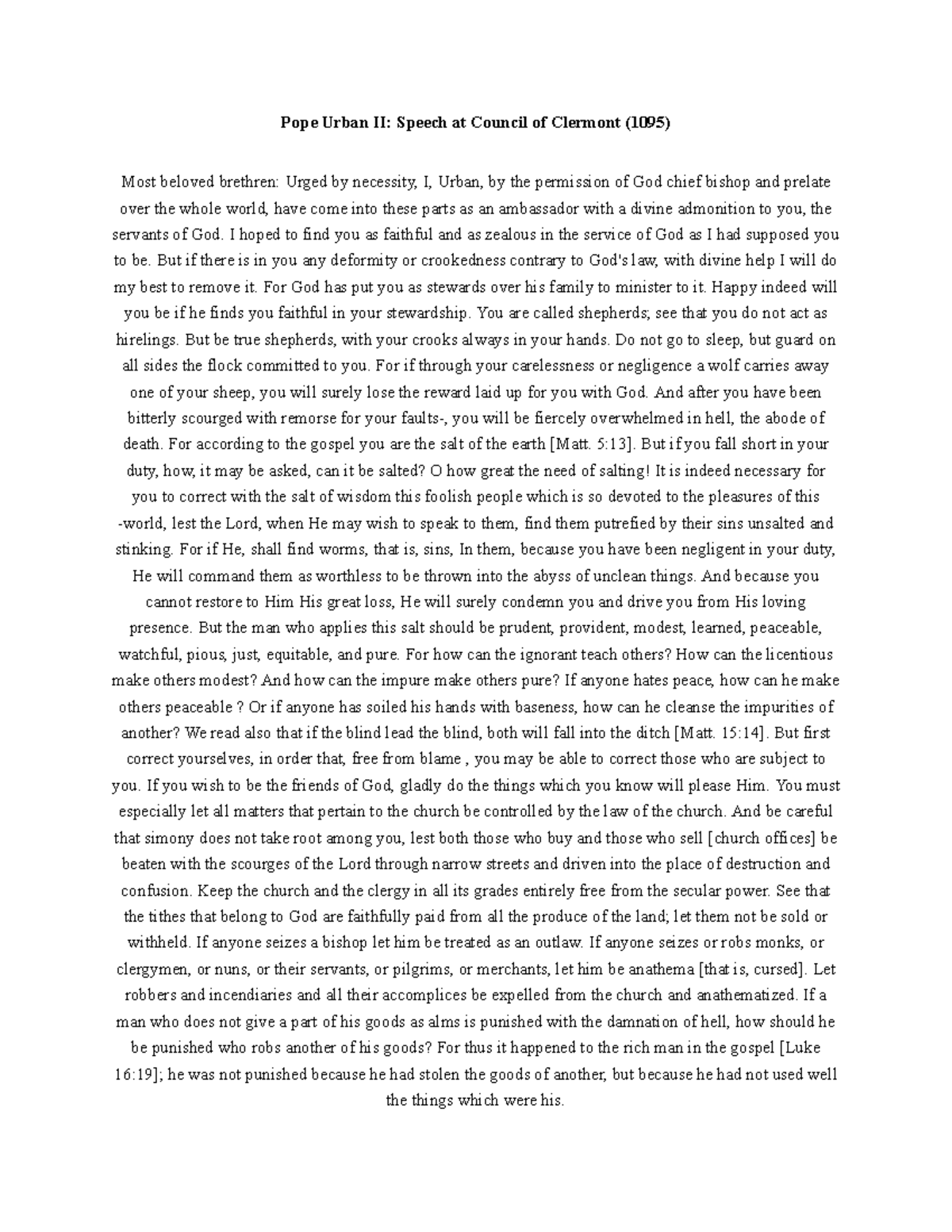 Pope Urban II: Council of Clermont Speech Analysis (1095) - Studocu