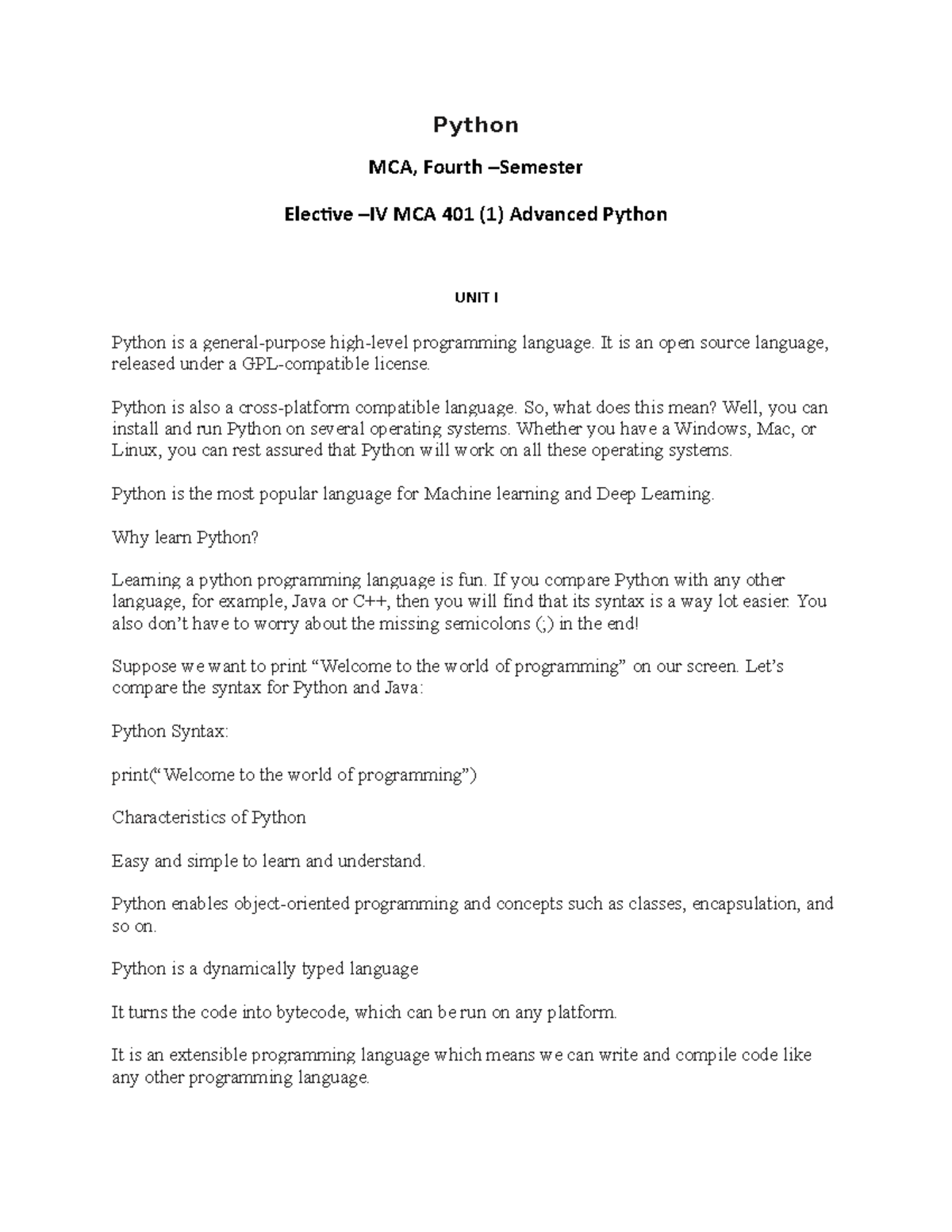 MCA-401 Advance Python - Python MCA, Fourth –Semester Elective –IV MCA ...