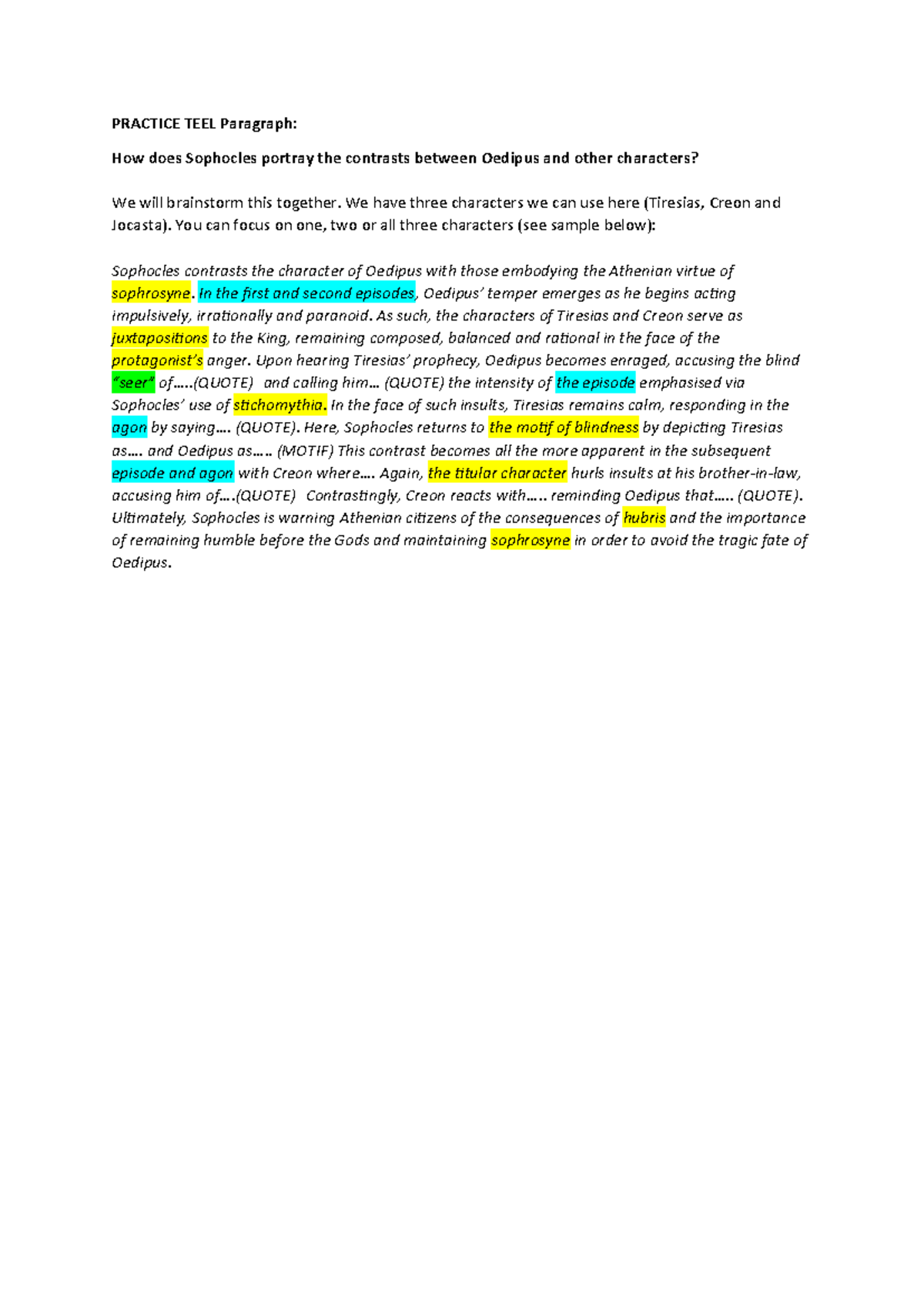 PRACTICE TEEL Paragraph: Contrasting Oedipus with Creon & Tiresias ...