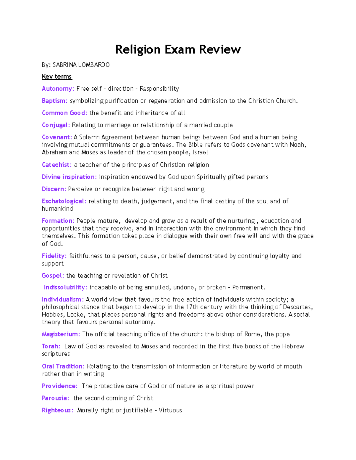 World Religion Exam Review - Religion Exam Review By: SABRINA LOMBARDO ...