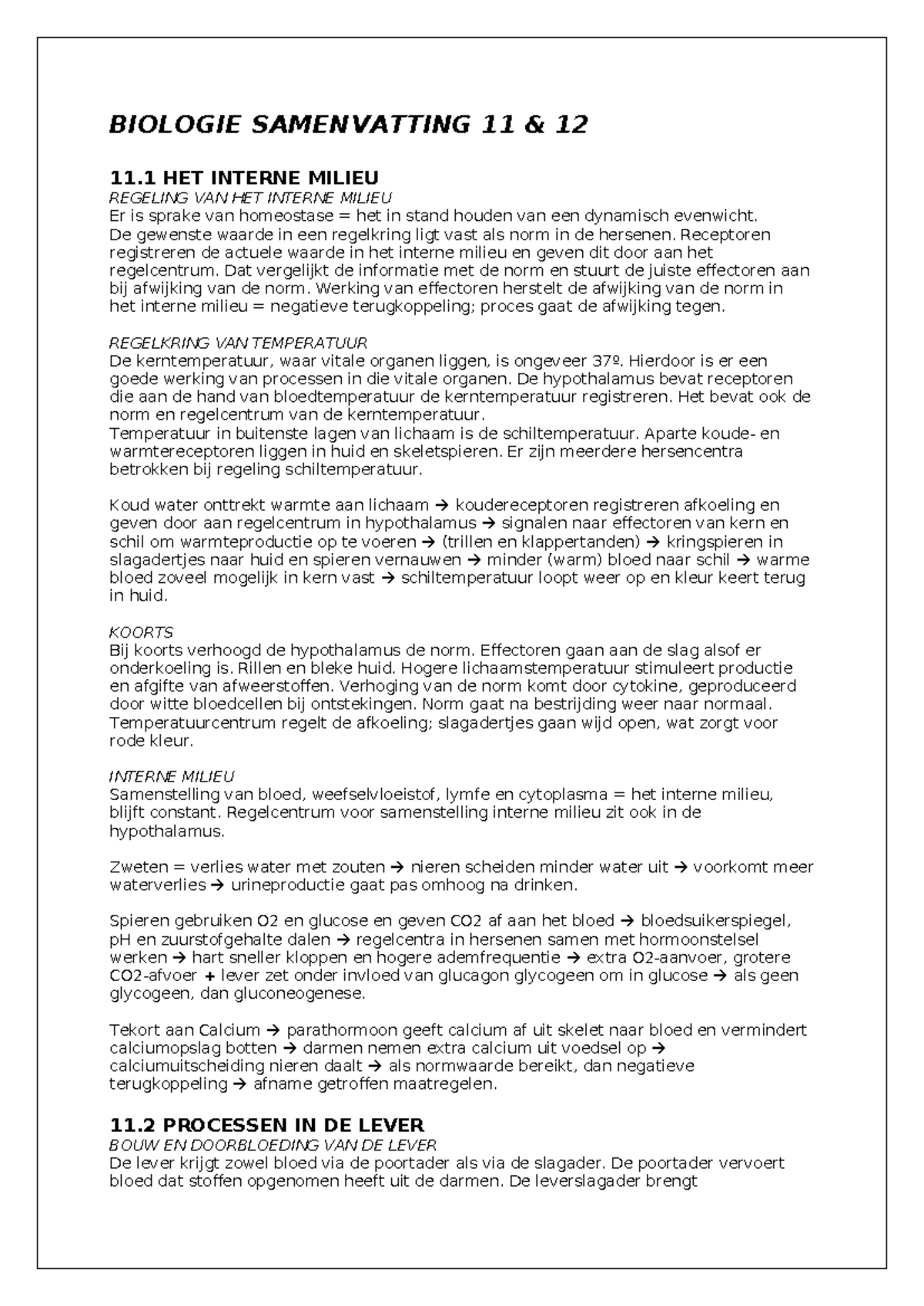 Biologie Samenvatting Hoofdstukken 11 & 12: Interne Milieu en Hormonale ...