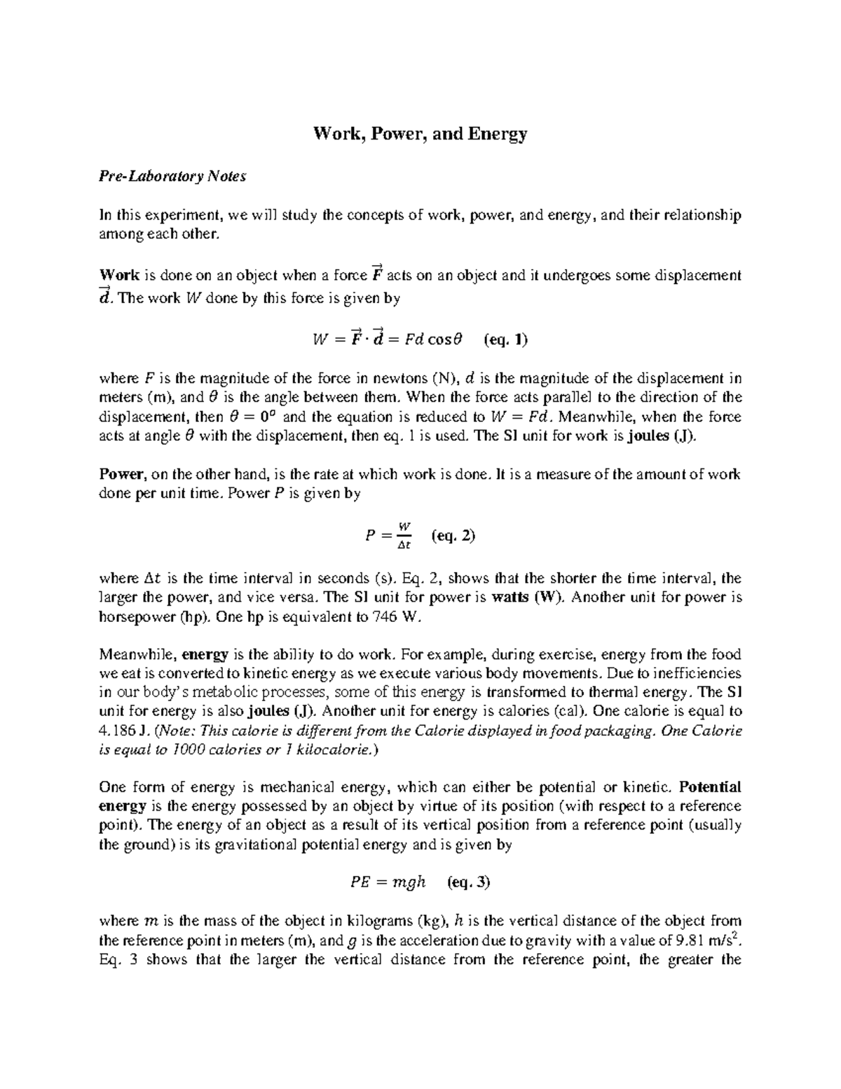 expe 6 notesssss - Work, Power, and Energy Pre-Laboratory Notes In this ...