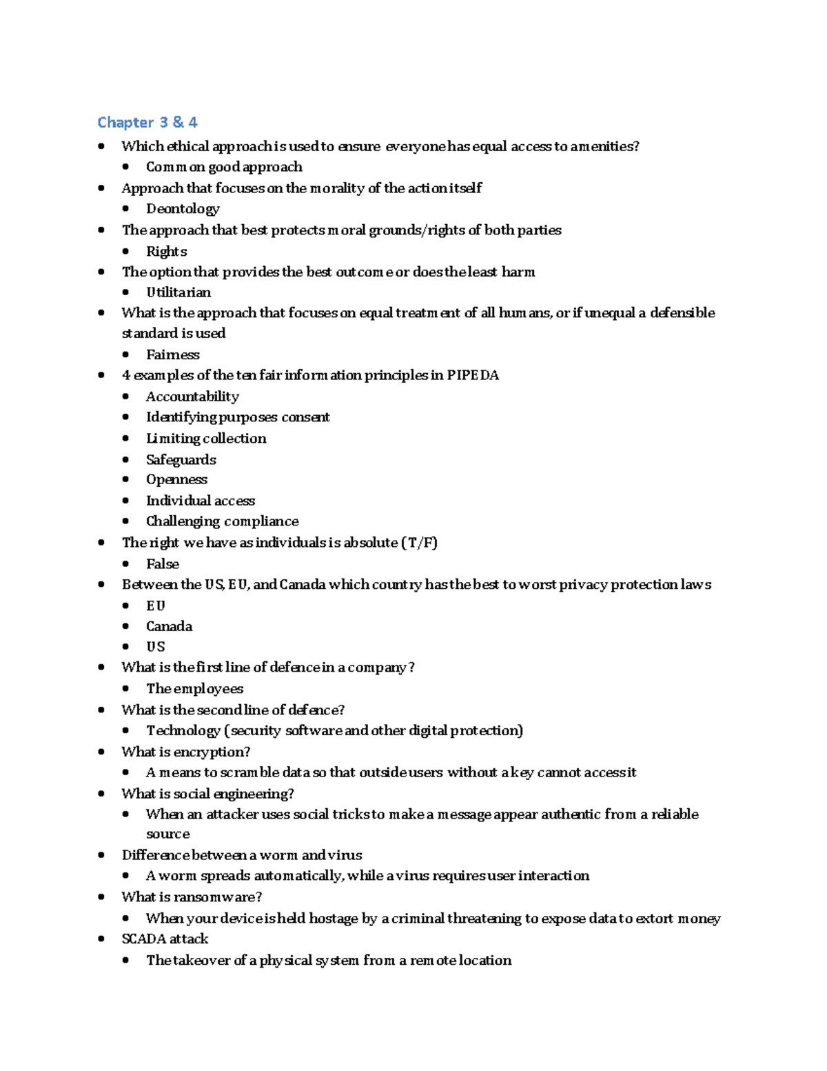 ITIS Midterm Exam: Chapter 3 & 4 Ethical Approaches and Privacy Laws - Studocu