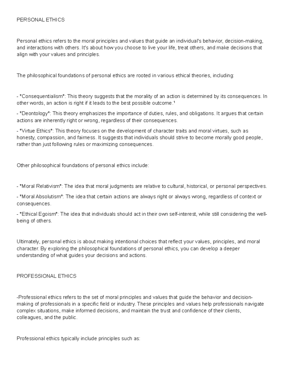 Ethics - Personal, Professional & Societal Dimensions Study Notes - Studocu