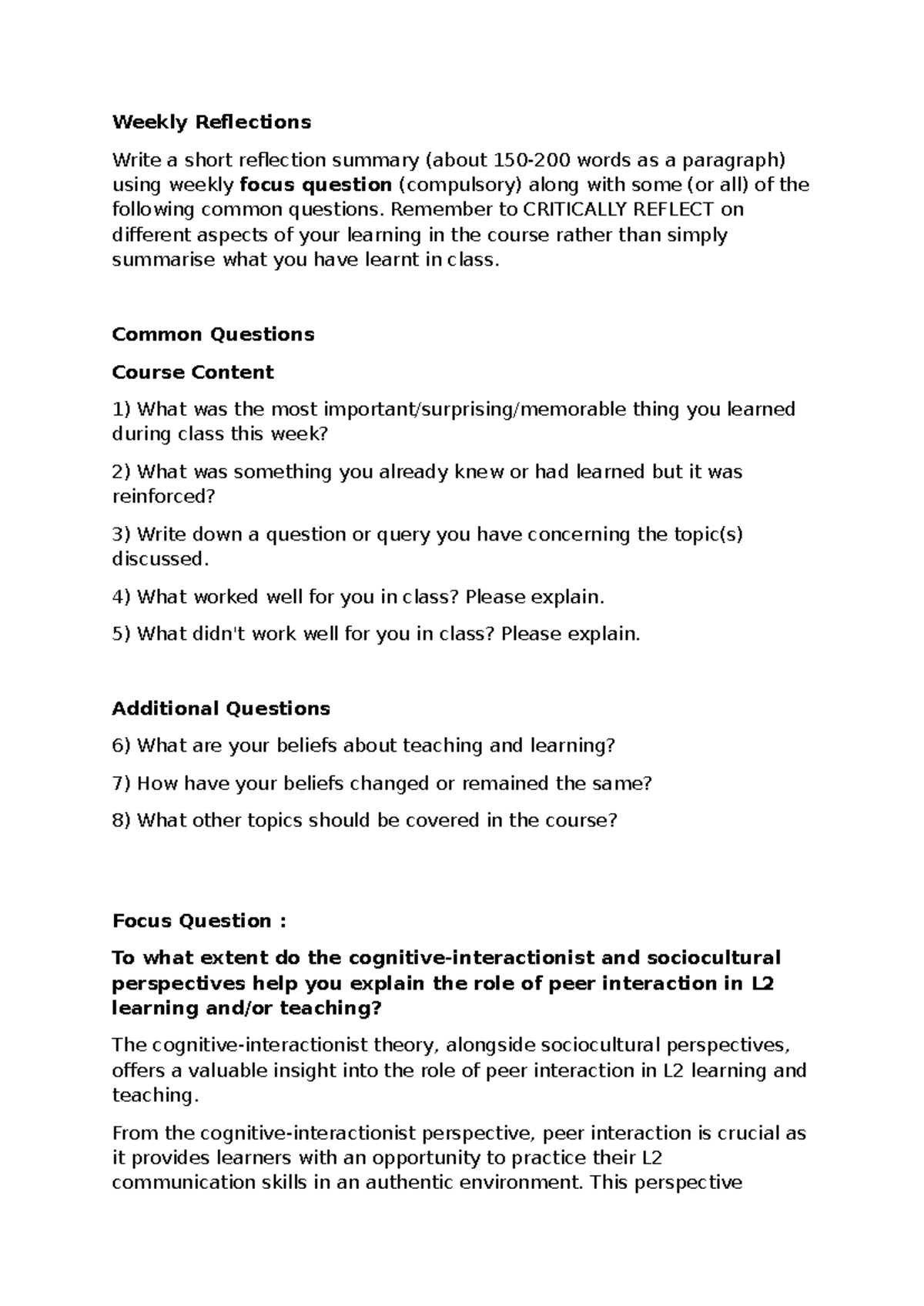 W7 SLAT2001 Weekly Reflection on Peer Interaction in L2 Learning - Studocu