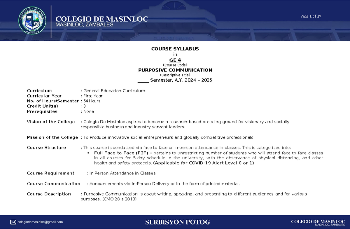 Purposive Communication - COURSE SYLLABUS in GE 4 (Course Code ...