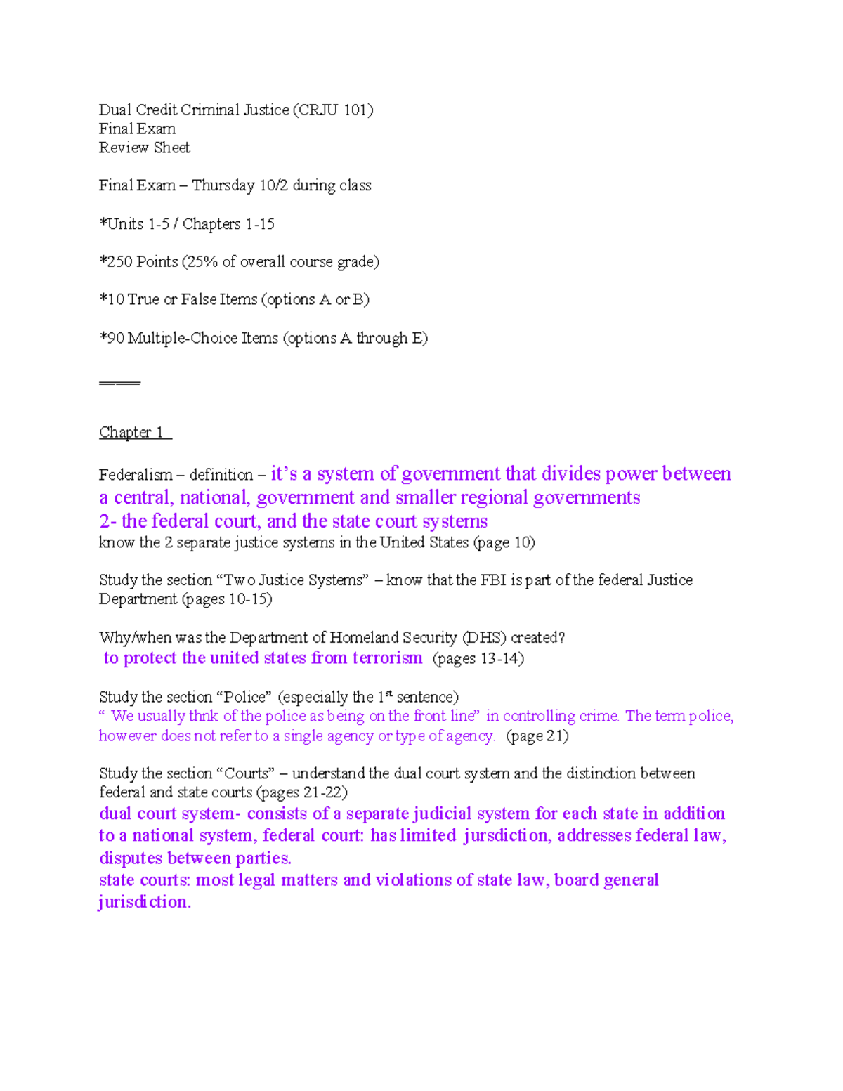 Dual Credit Criminal Justice (CRJU 101) Final Exam Study Guide - Studocu