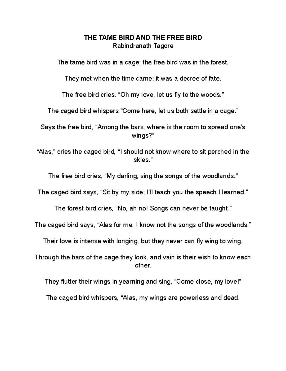 THE TAME BIRD AND THE FREE BIRD: A Poetic Analysis - Studocu
