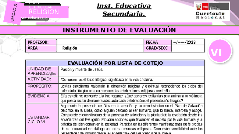 Cotejo 1°2° Religión: Evaluación de la Semana Santa 2023 - Studocu