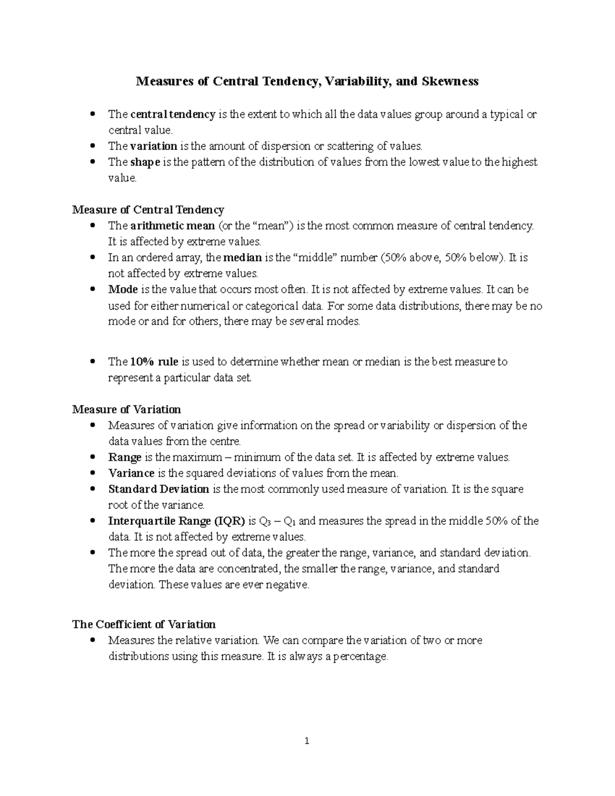 Week 2 summary - Lecture Notes - Measures of Central Tendency ...
