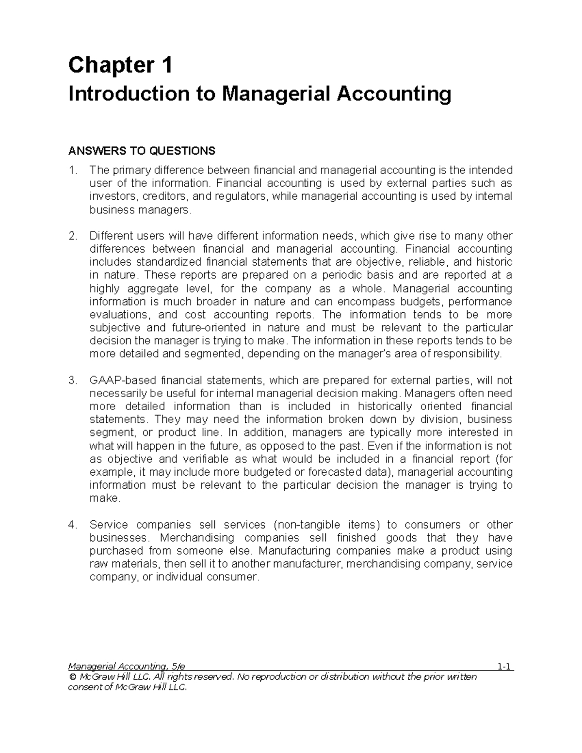Managerial Accounting MA 5e Chapter 1 Study Guide and Answers - Studocu
