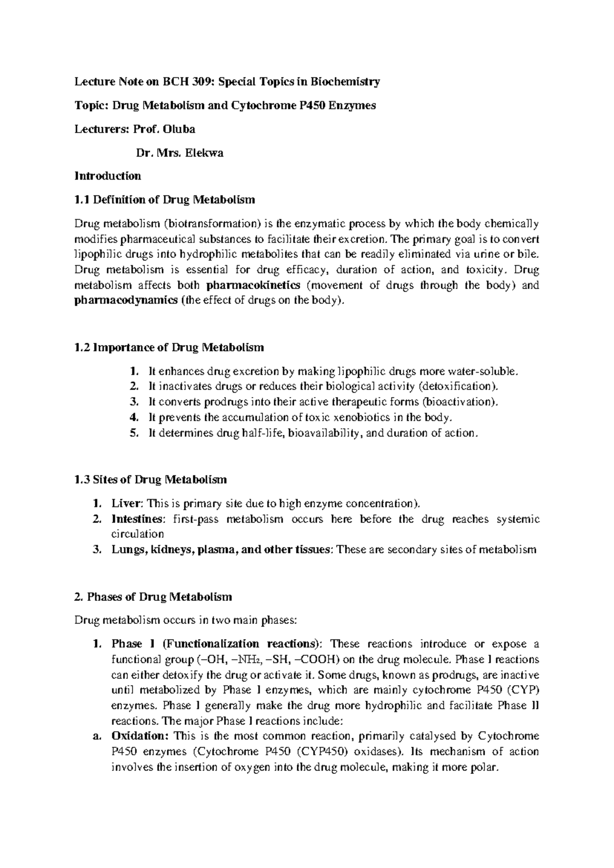 Lecture Notes on BCH 309: Drug Metabolism & Cytochrome P450 Enzymes ...