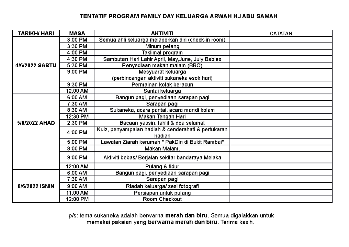 Tentatif Program Family Day - Keluarga Arwah Hj Abu Samah - Studocu